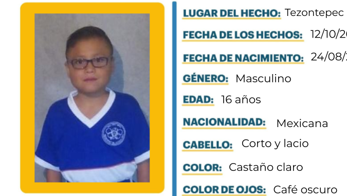 Se busca a Uriel Alfredo Fragoso Monrieta, se extravió en Tezontepec