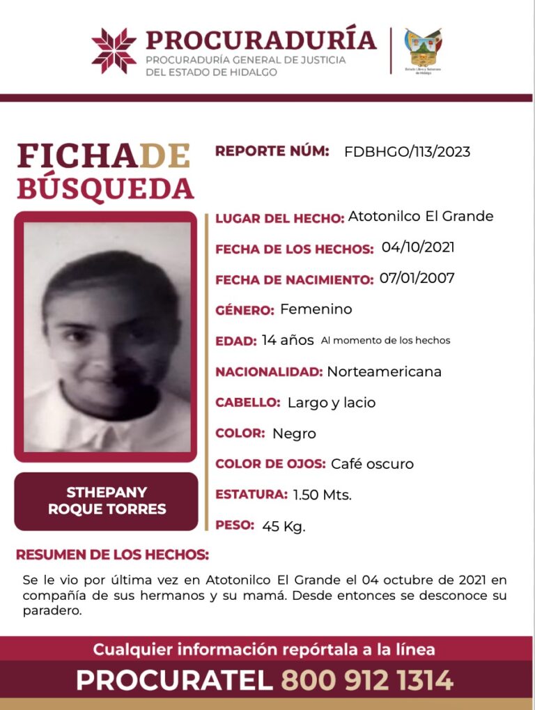 Buscan a Sthepany Roque Torres; despareció en Atotonilco el Grande