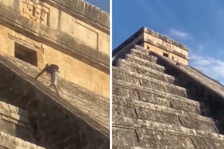 Turista alemán sube al Castillo de Kukulcán en Chichén Itzá durante el ...